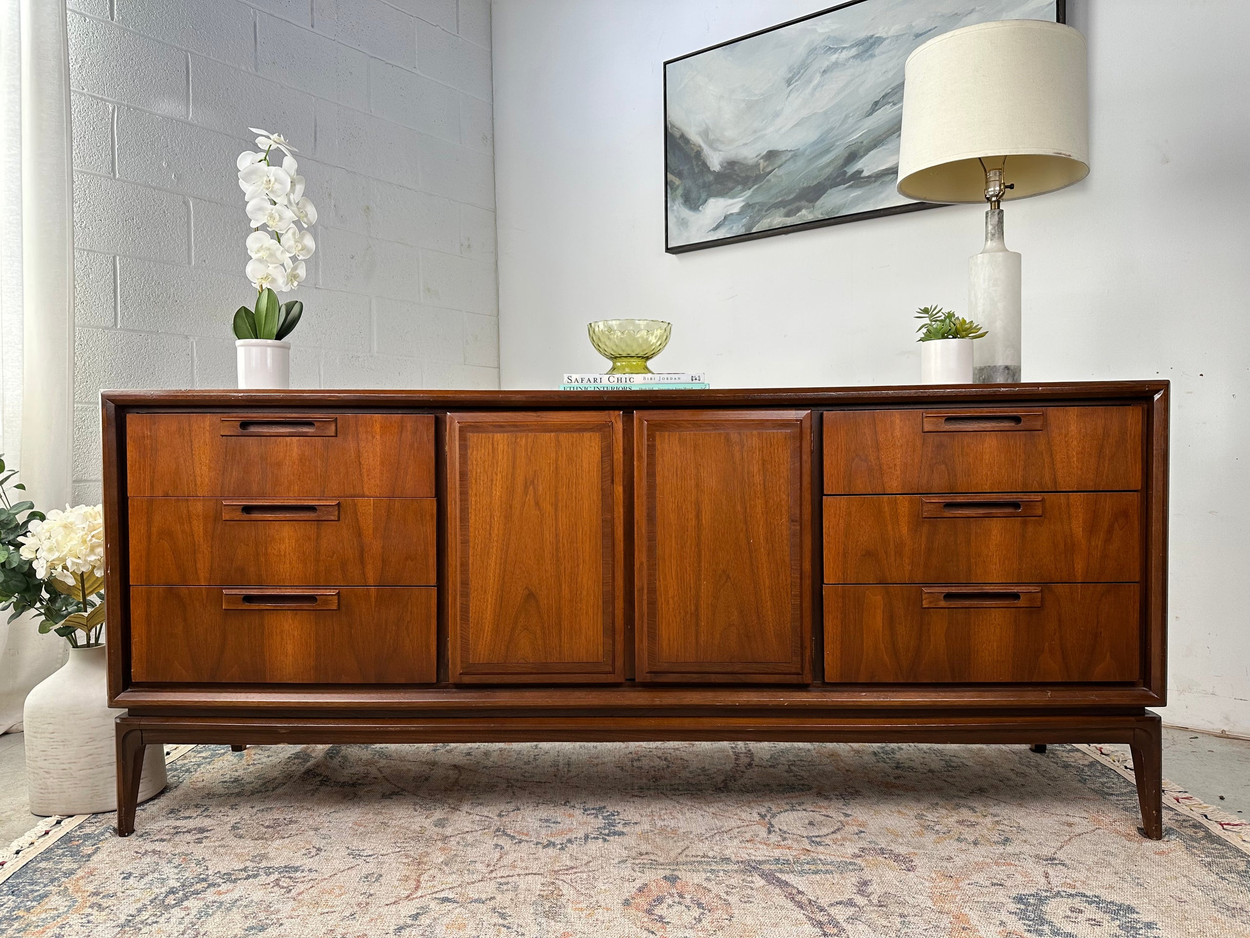 Long Mid Century Modern Walnut Lowboy 9 Drawer Dresser SimplyMidKC