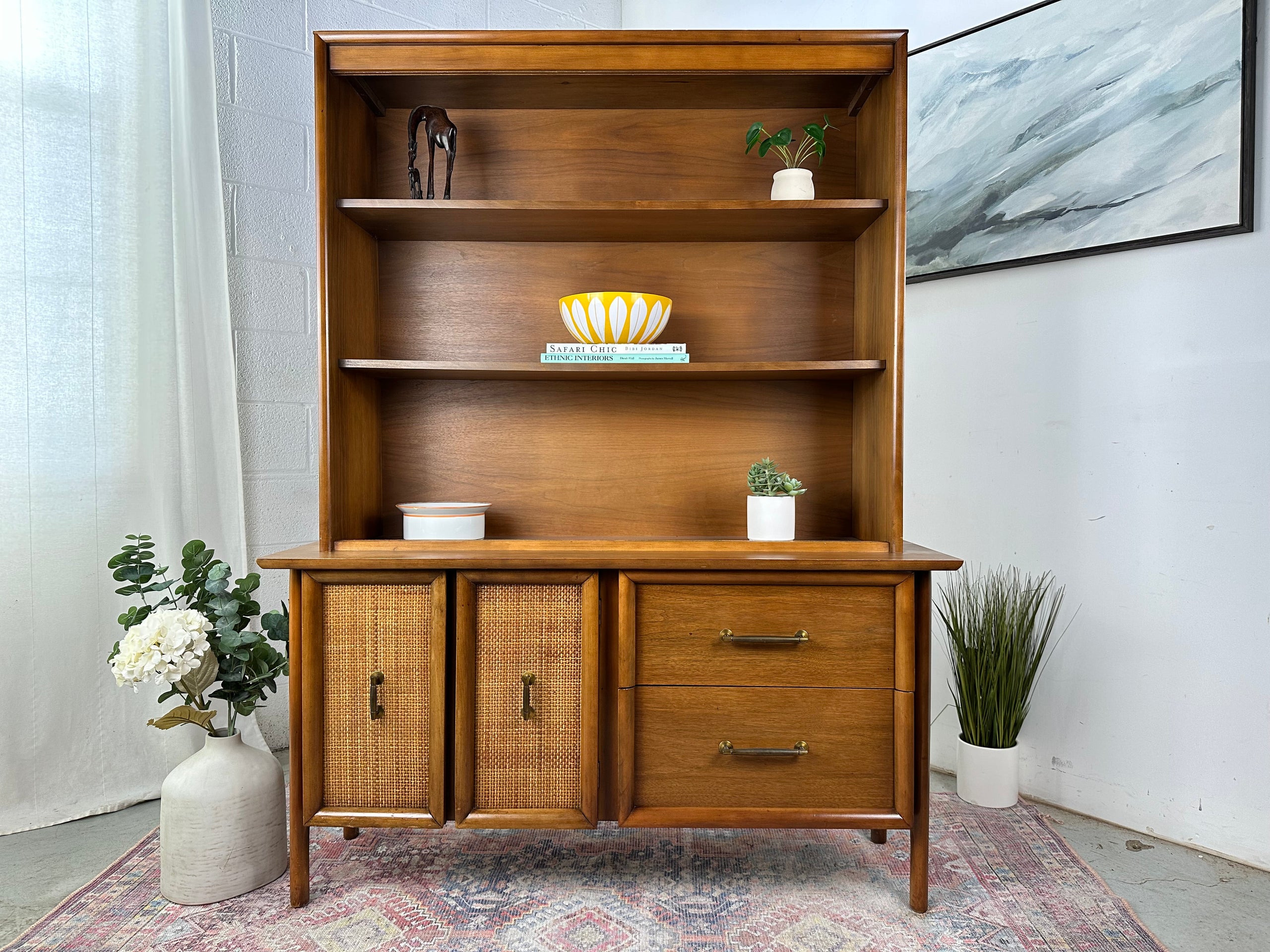 Rare Mid-Century Modern Walnut & Cane Hutch | SimplyMidKC